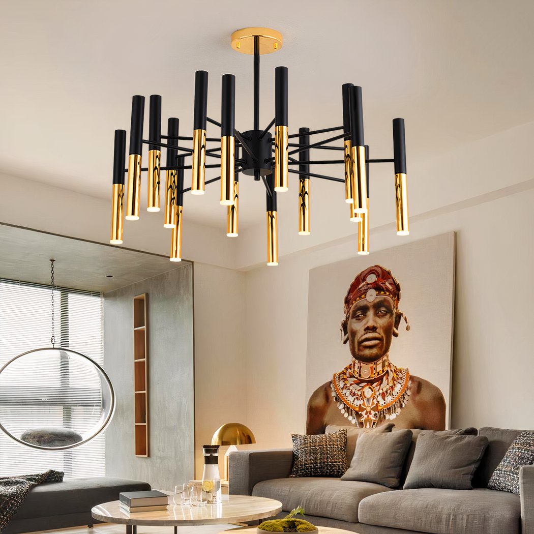 Lampadario moderno a tubo LED nero e oro • Illuminazione Italia
